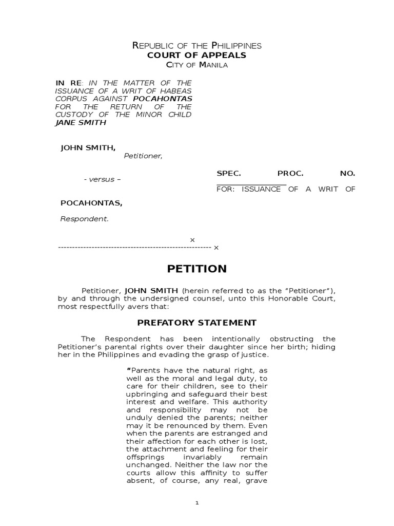 Habeas Corpus (Sample) | Child Custody | Best Interests