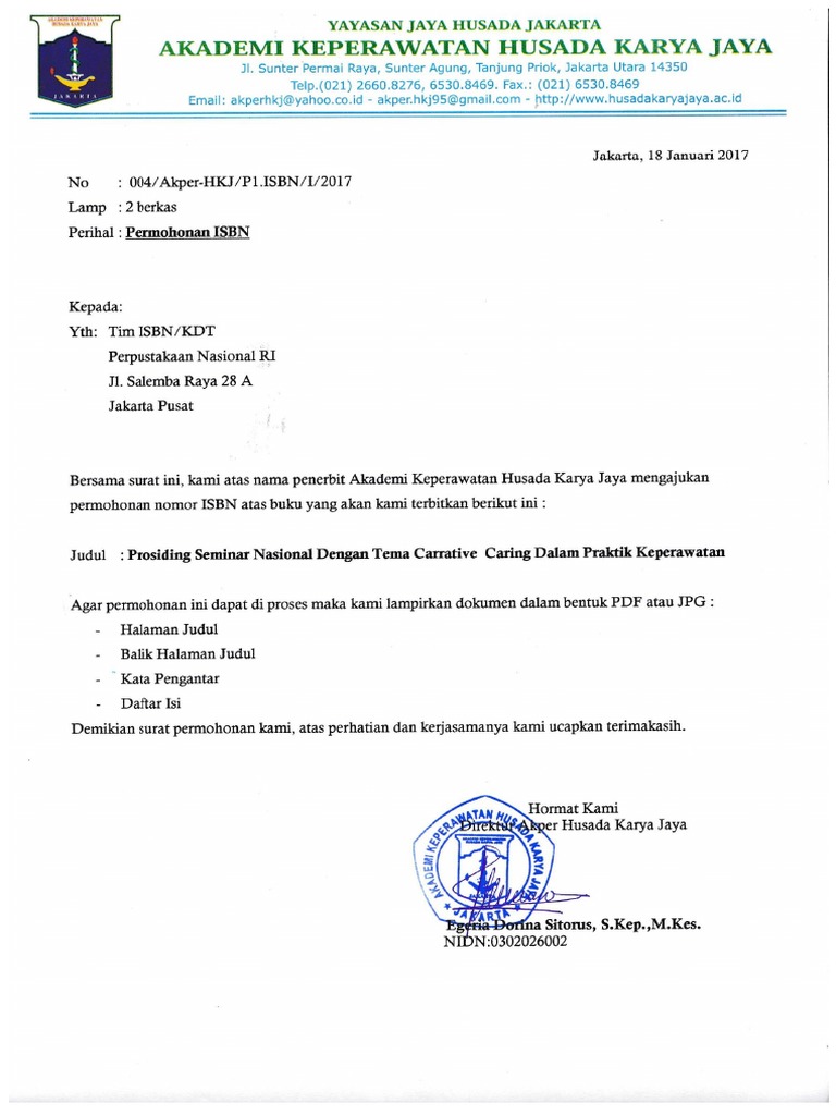 Surat Permohonan ISBN Dan Daftar Lampiran Pengajuan ISBN