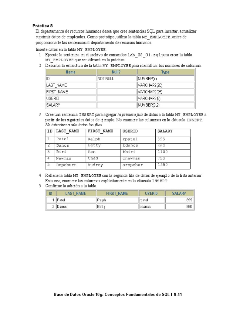 Taller 8 Práctica 8 | PDF | Tabla (base de datos) | SQL