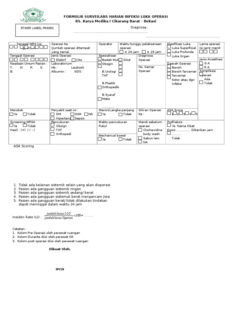 Form Surveilans Harian Infeksi Luka Operasi | PDF