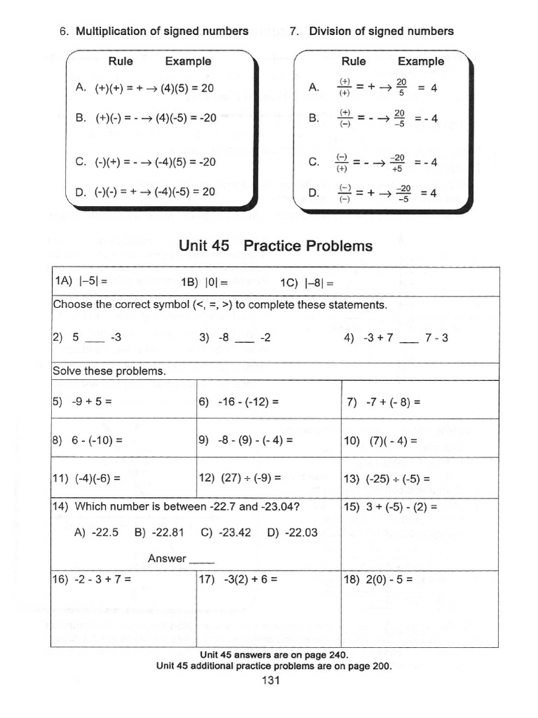 Unit 45 Practice Problems: 6. Multiplication of Signed Numbers 7 ...