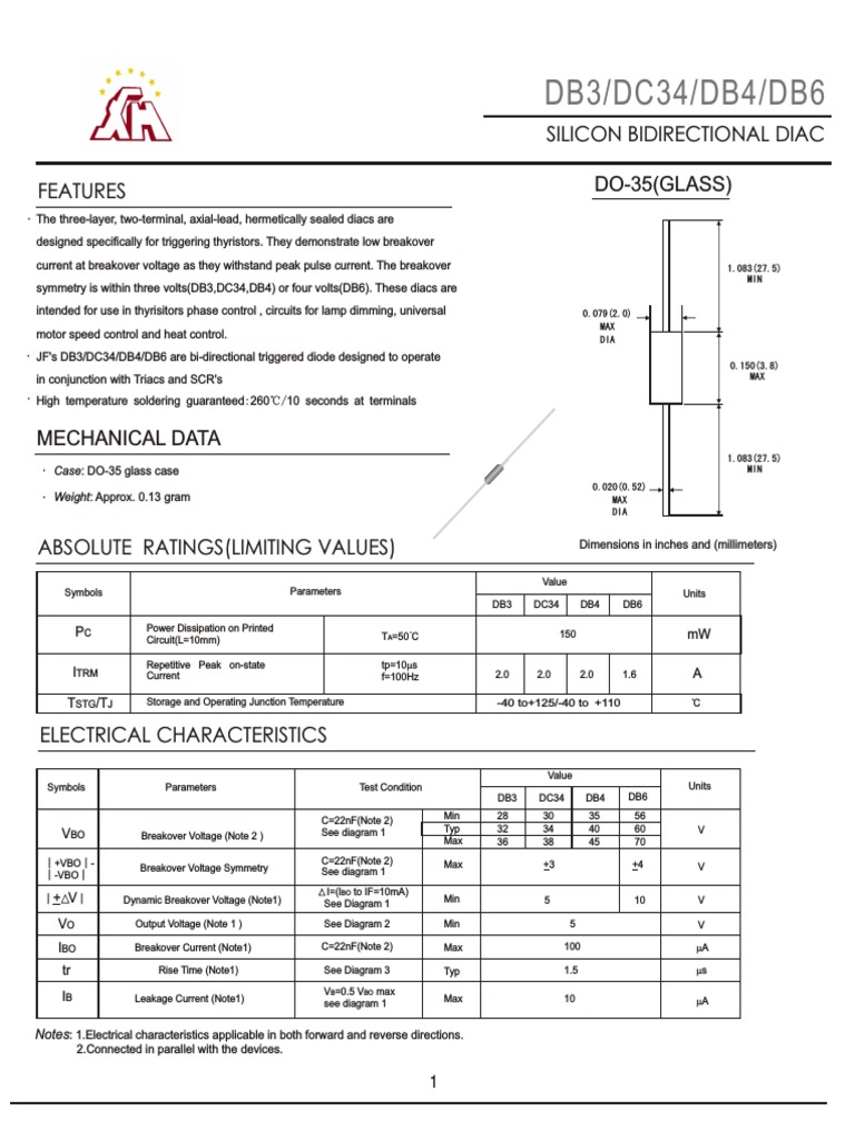 DB3/DC34/DB4/DB6: Silicon Bidirectional Diac Features DO-35 (GLASS) | PDF