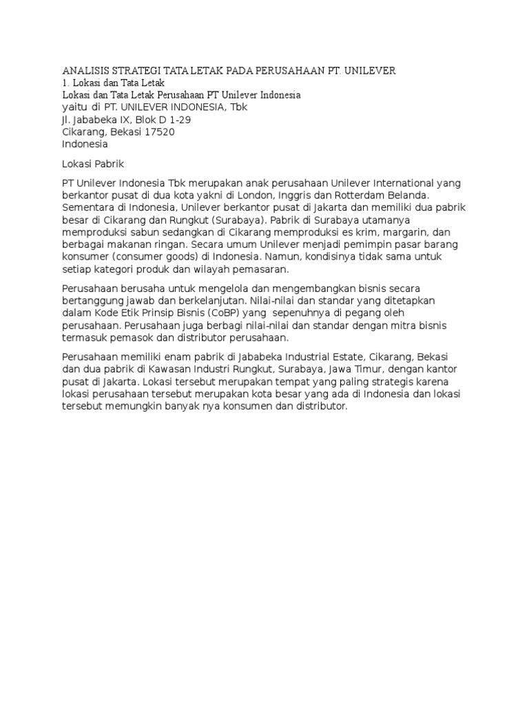 Strategi Tata Letak PT Unilever | PDF | Pengelolaan Keuangan & Uang