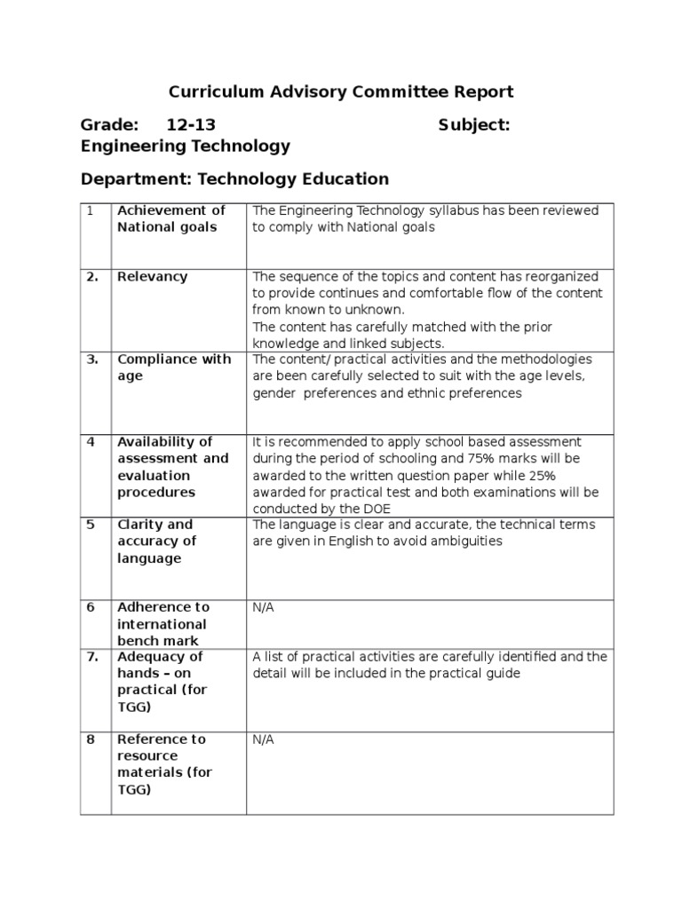 Curriculum Advisory Committees Engineering Technology | PDF