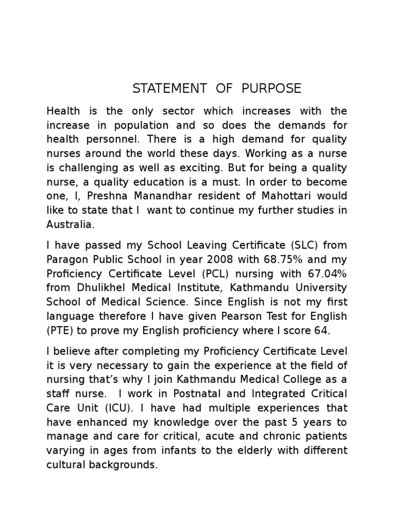 Statement of Purpose (Preshna) | Nursing | International Student
