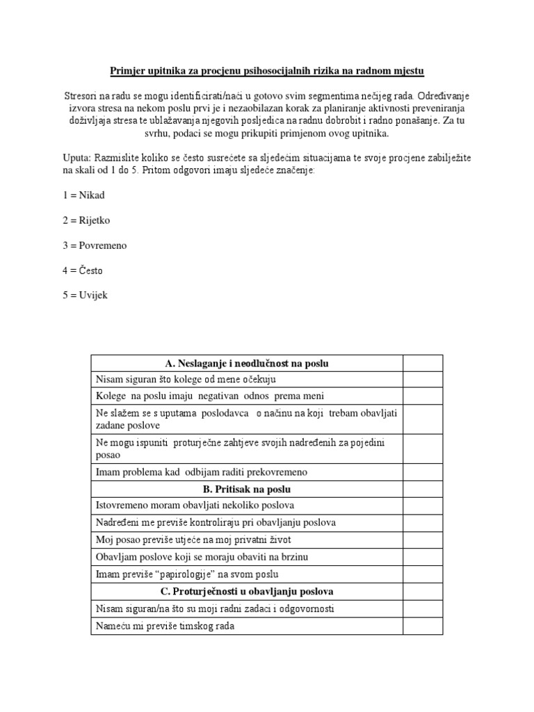 Primjer Upitnika Za Procjenu Psihosocijalnih Rizika Na Radnom Mjestu | PDF