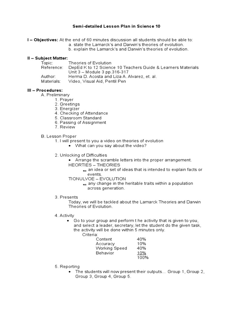 Semi Detailed Lesson Plan In Science 10 Biological Evolution