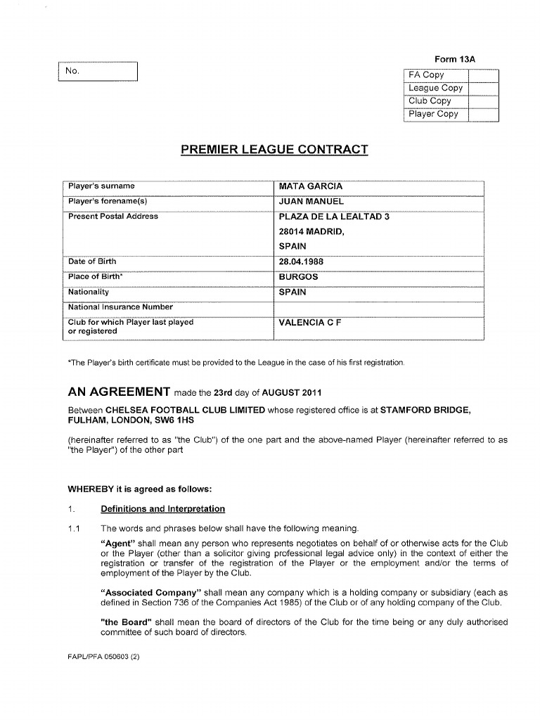 Chelsea FC - Juan Mata - Contract PDF | PDF
