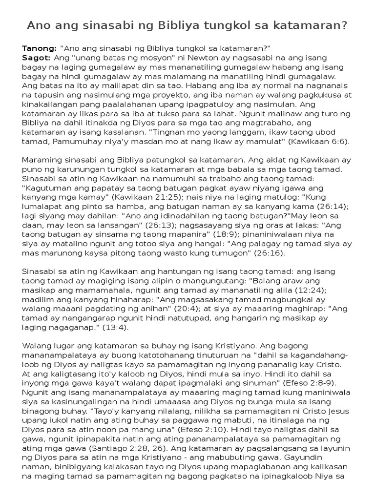 Ano Ang Sinasabi NG Bibliya Tungkol Sa Katamaran | PDF