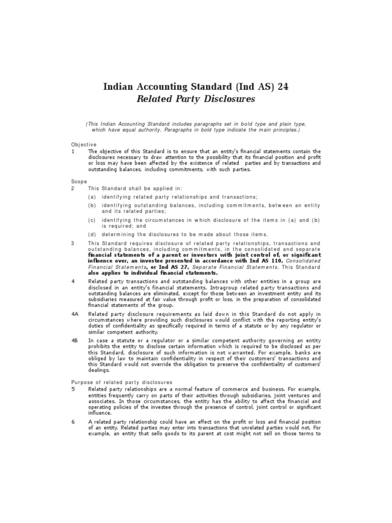Indian Accounting Standard (Ind AS) 24: Related Party Disclosures | PDF ...