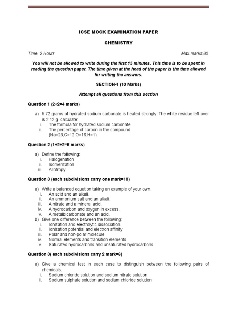Chemistry Model Paper-1 | PDF | Solution | Sodium