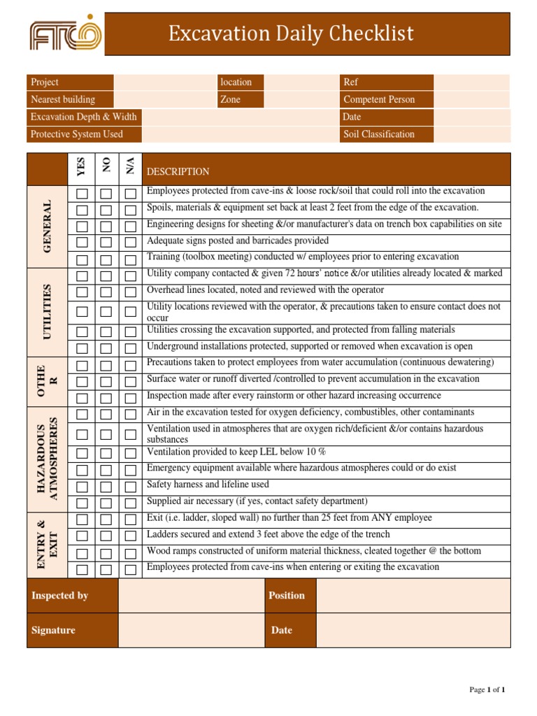 Excavation Daily Safety Checklist | PDF | Excavation (Archaeology ...