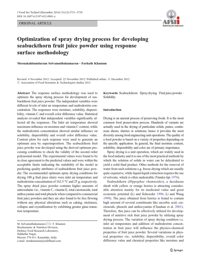 Optimization of Spray Drying Process For Developing Seabuckthorn Fruit Juice Powder Using ...