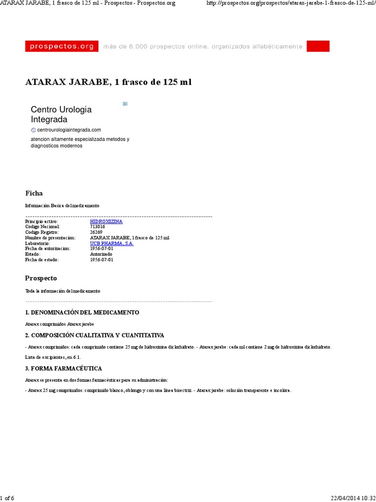ATARAX JARABE, 1 Frasco de 125 ML - Prospectos | PDF | Farmacocinética ...