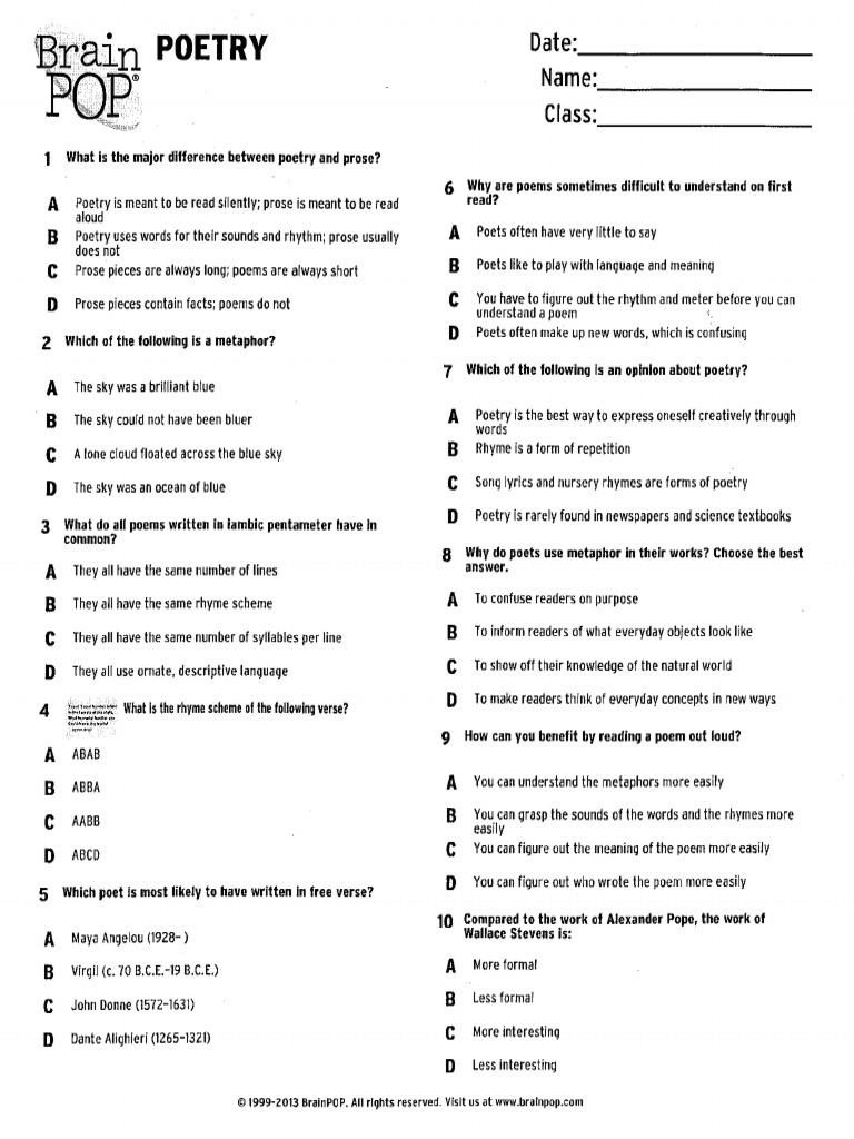 BrainPOP Poetry Quiz | PDF