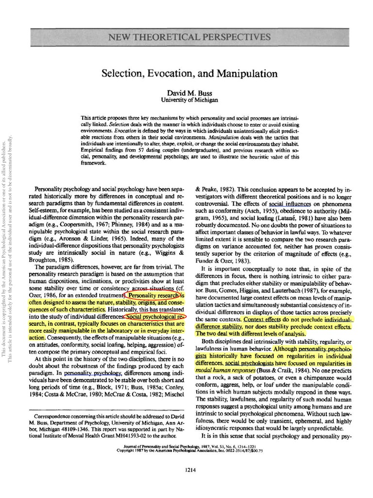 Buss, 1987-Selection, Evocation, and Manipulation | PDF | Natural ...