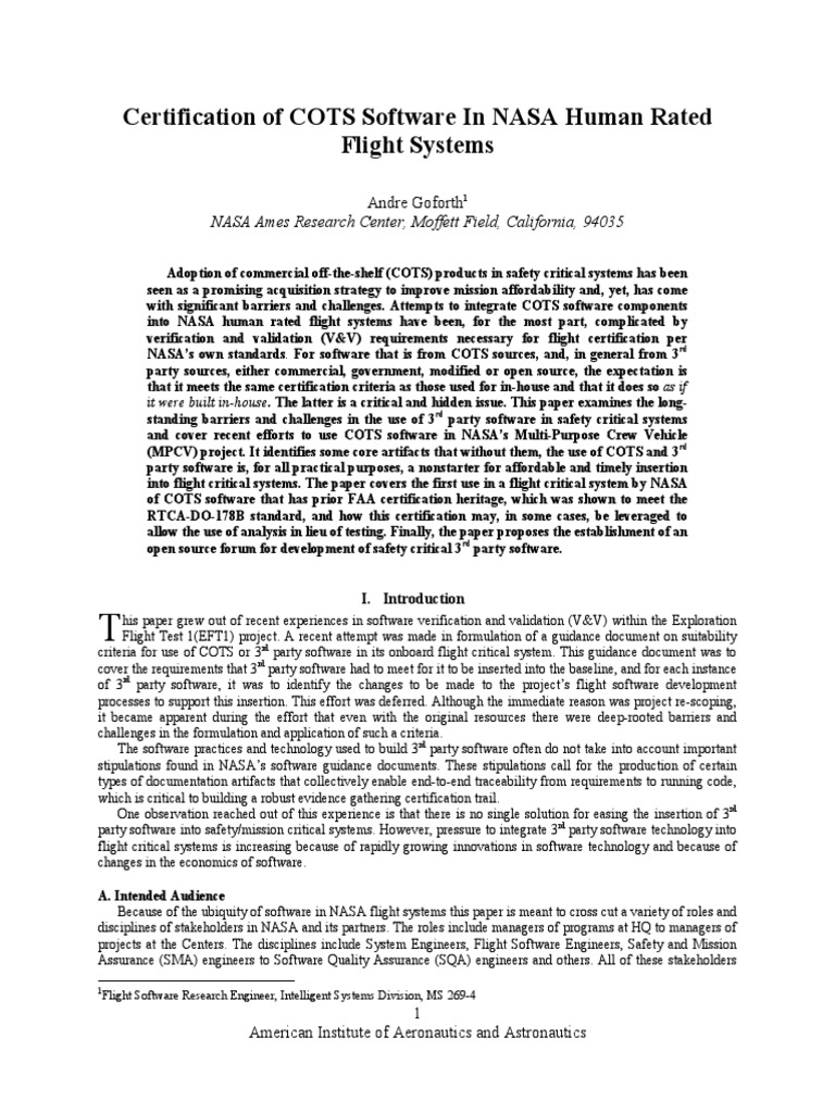 Certification of COTS Software in NASA Human Rated Flight Systems | PDF ...