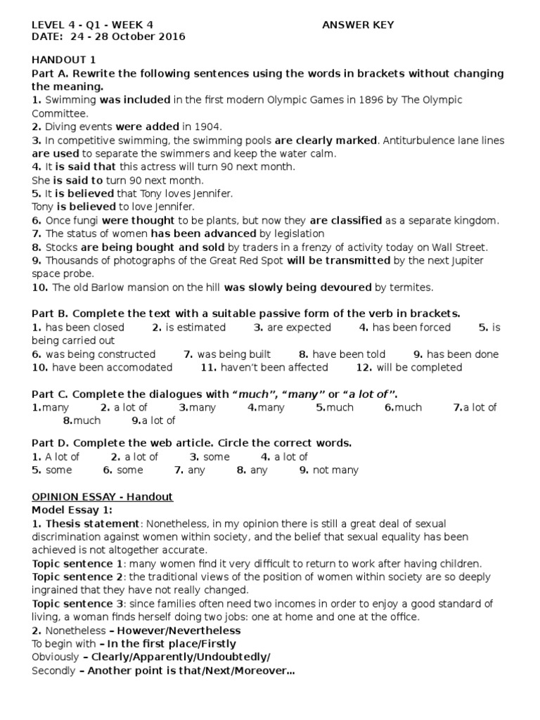 Answer Key - L4 - Q1 - W4 - H1 - Writing Handout | PDF | Swimming ...