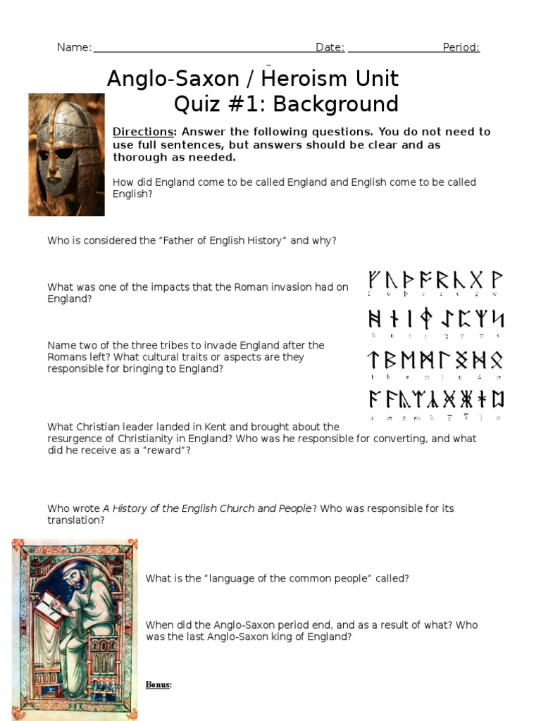 Anglo-Saxon / Heroism Unit Quiz #1: Background | PDF