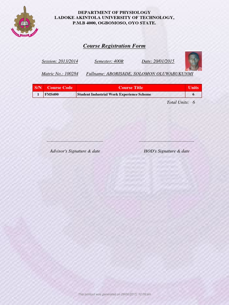 Course Registration Form: S/N Course Code Course Title Units | PDF