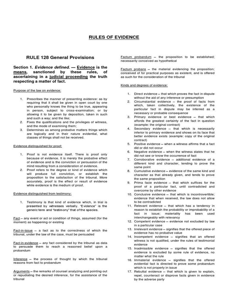 RULES OF EVIDENCE SUMMARY | PDF | Evidence (Law) | Relevance (Law)