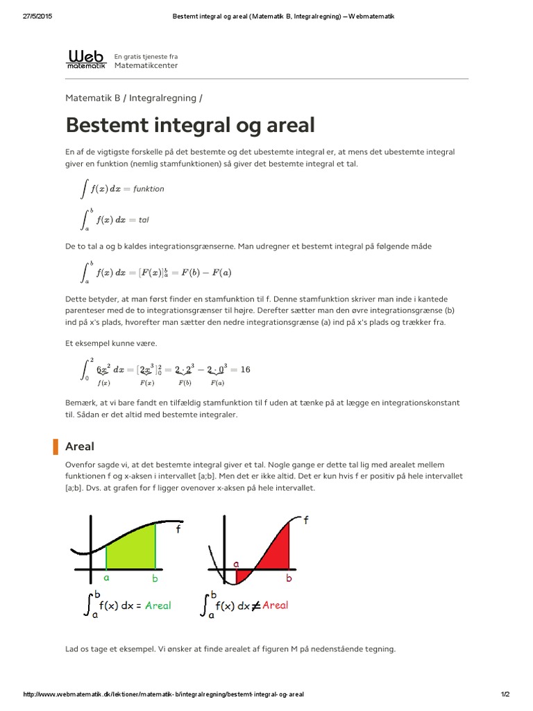 Bestemt Integral Og Areal (Matematik B, Integralregning) - Webmatematik ...