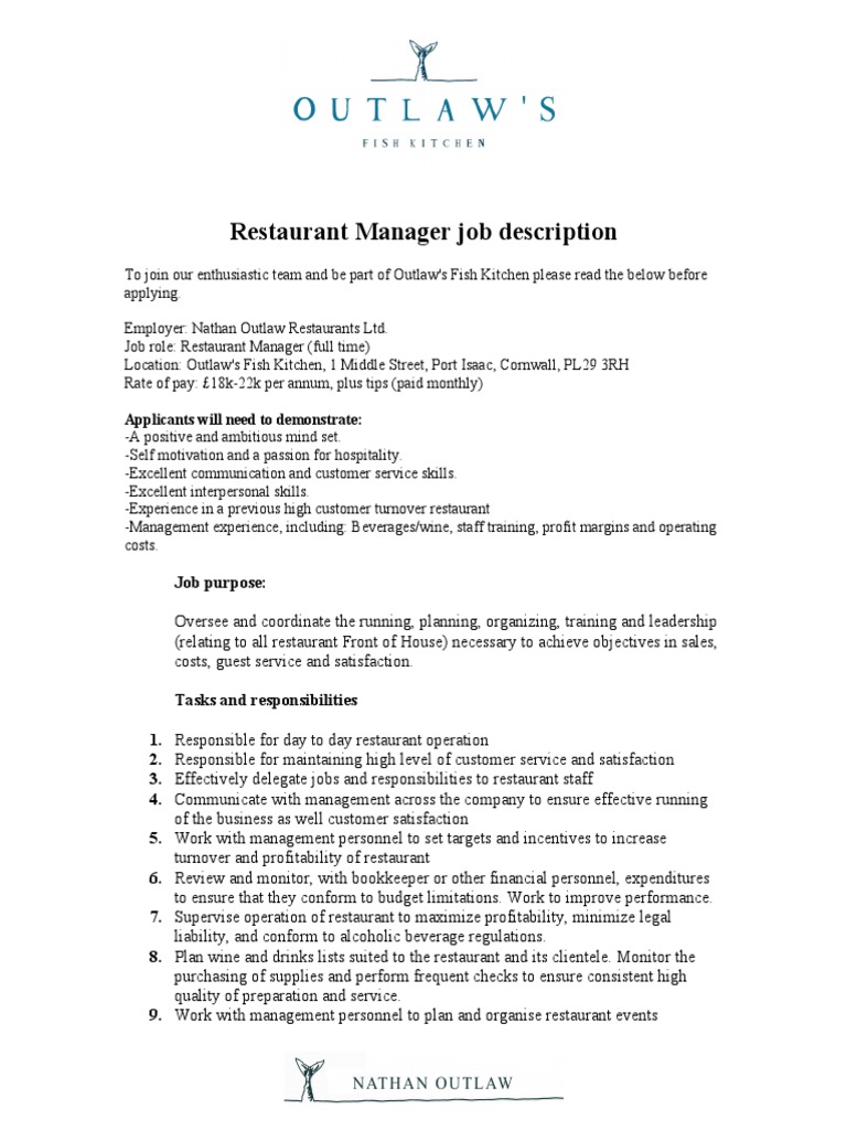 Front of House Restaurant Manager Job Description Free PDF | PDF