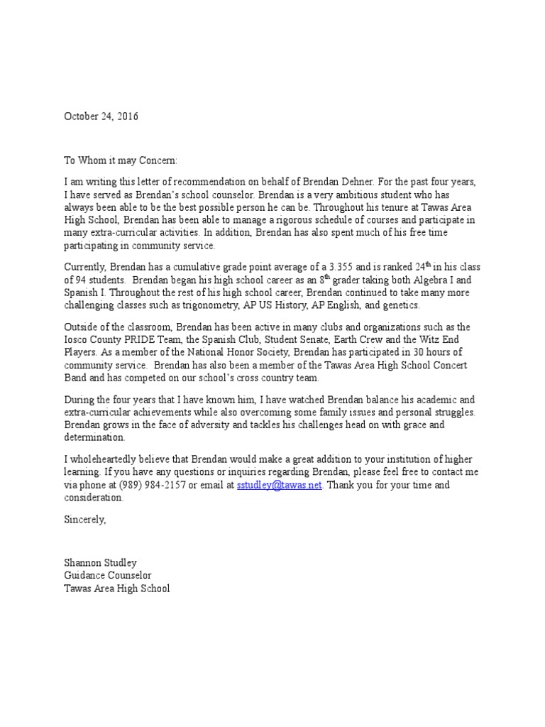 Brendan Dehner Letter of Recommendation | PDF | Wellness