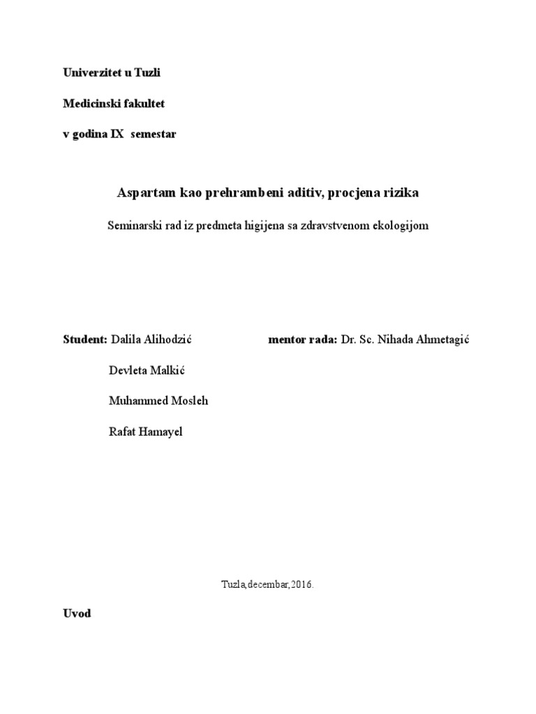 Aspartam Kao Prehrambeni Aditiv, Procjena Rizika | PDF