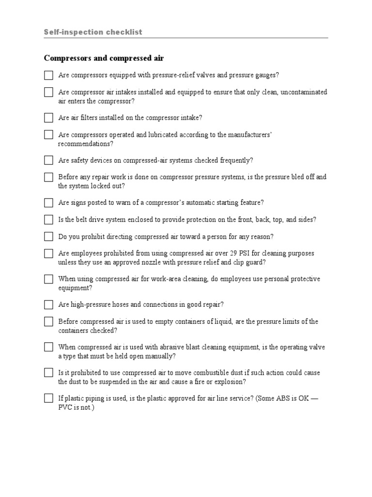 Compressors and Compressed Air: Self-Inspection Checklist | PDF