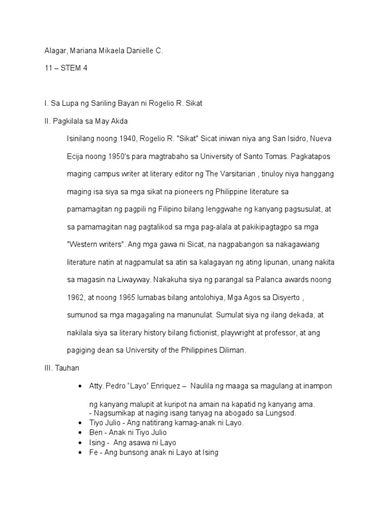 Pagsusuri Sa 'Sa Lupa NG Sariling Bayan' | PDF
