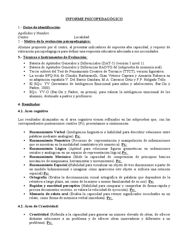 Modelo de informe psicopedagogico Altas capacidades.pdf | Inteligencia | Inteligencia emocional