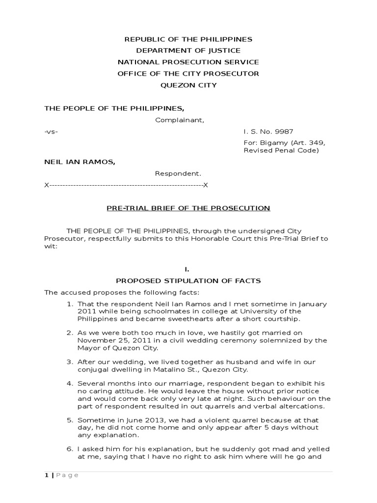 Pre-Trial Brief for Bigamy Case | PDF | Marriage | Annulment