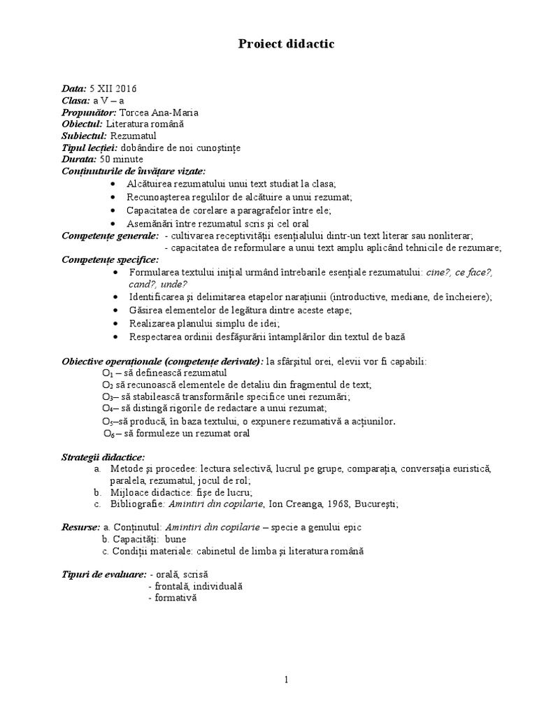 Proiect Didactic - Clasa a 5-A