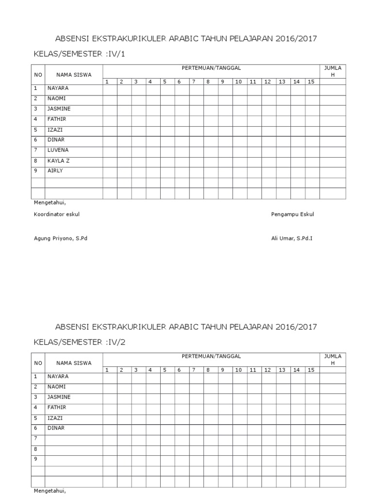 Absensi Eskul Dan Program Arabic Club | PDF