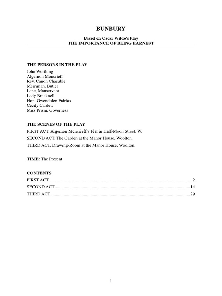 Bunbury: Based On Oscar Wilde's Play The Importance of Being Earnest ...