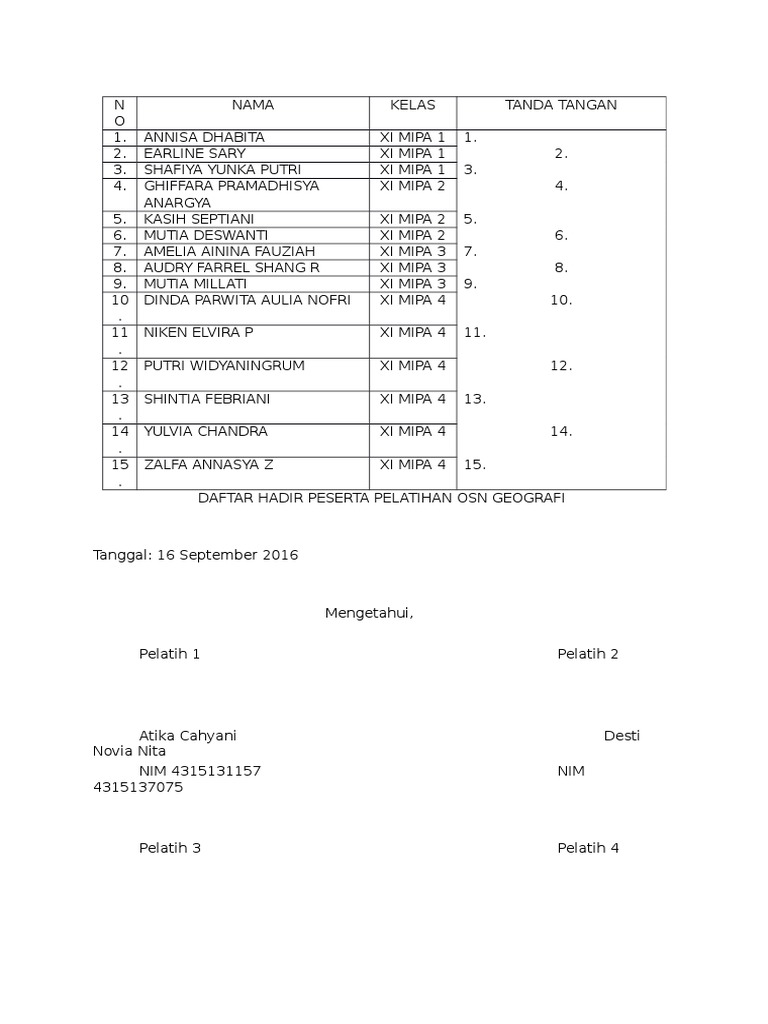 Absen Pelatihan Osn Geo | PDF