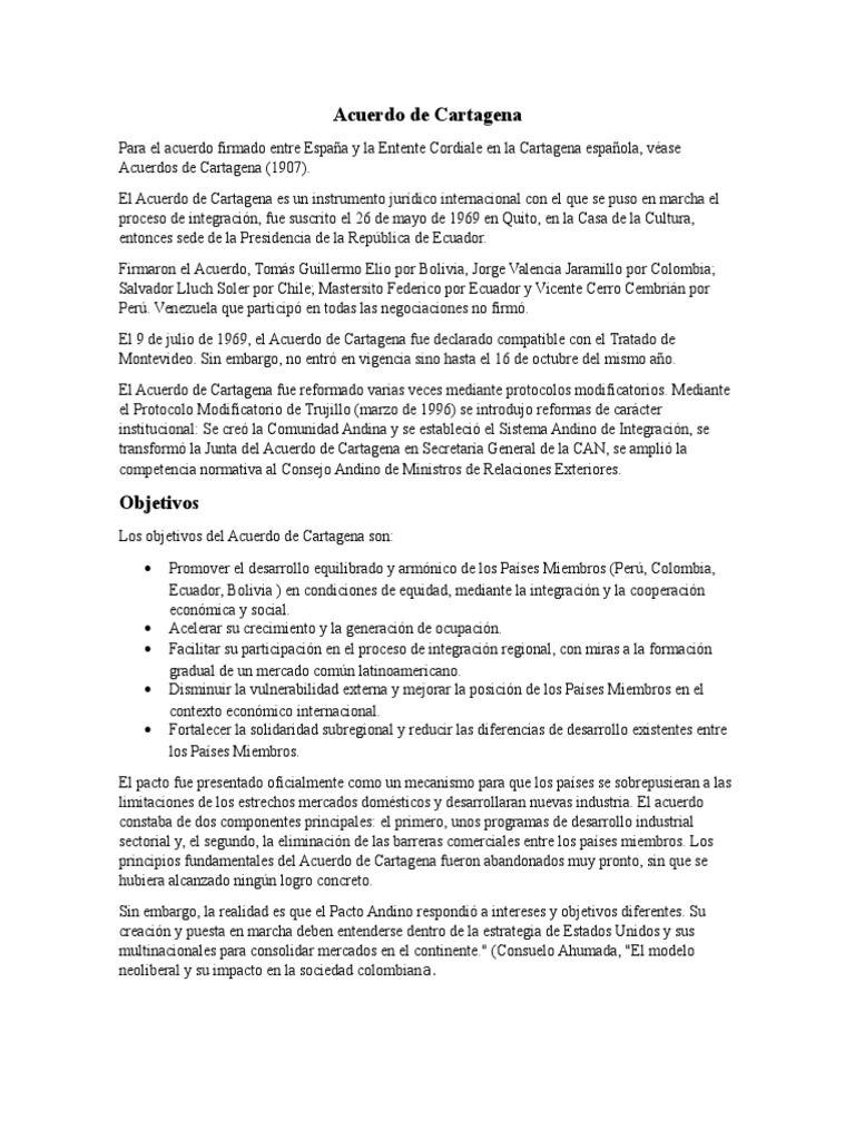 Acuerdo de Cartagena: Objetivos y Contexto | PDF | America latina ...