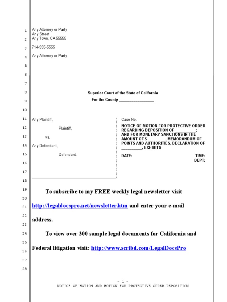 Sample Motion For Protective Order For Deposition in California ...