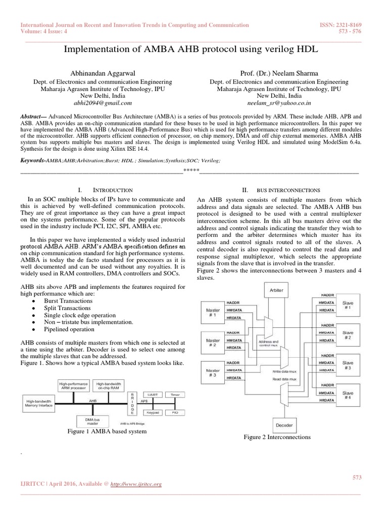 Implementation Of Amba Ahb Protocol Using Verilog Hdl Digital Electronics Electronics