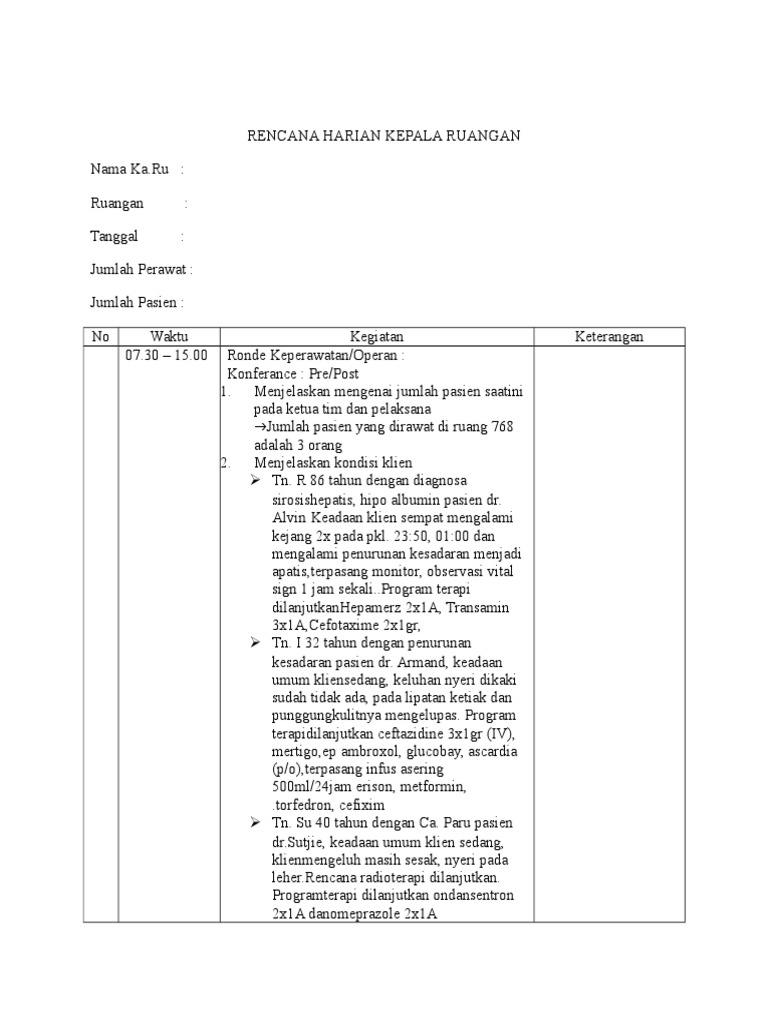 Rencana Harian Kepala Ruangan | PDF