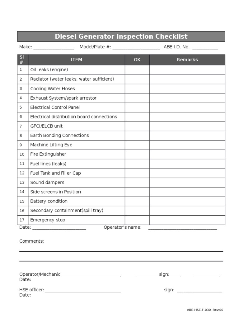 Diesel Generator Inspection Checklist | PDF | Technology & Engineering