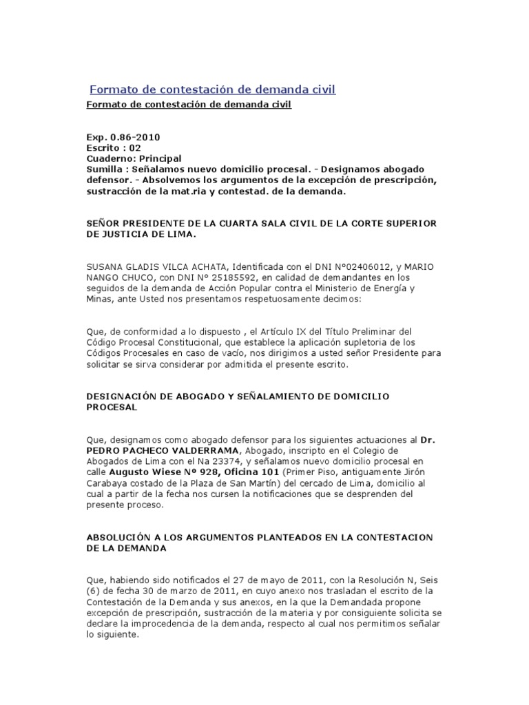 Formato de Contestación de Demanda Civil | PDF | Posesión (Ley ...