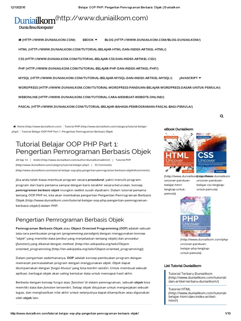 Belajar OOP PHP - Pengertian Pemrograman Berbasis Objek - Duniailkom | PDF