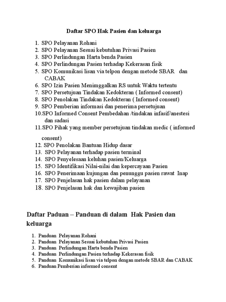 Daftar SPO Hak Pasien Dan Keluarga | PDF
