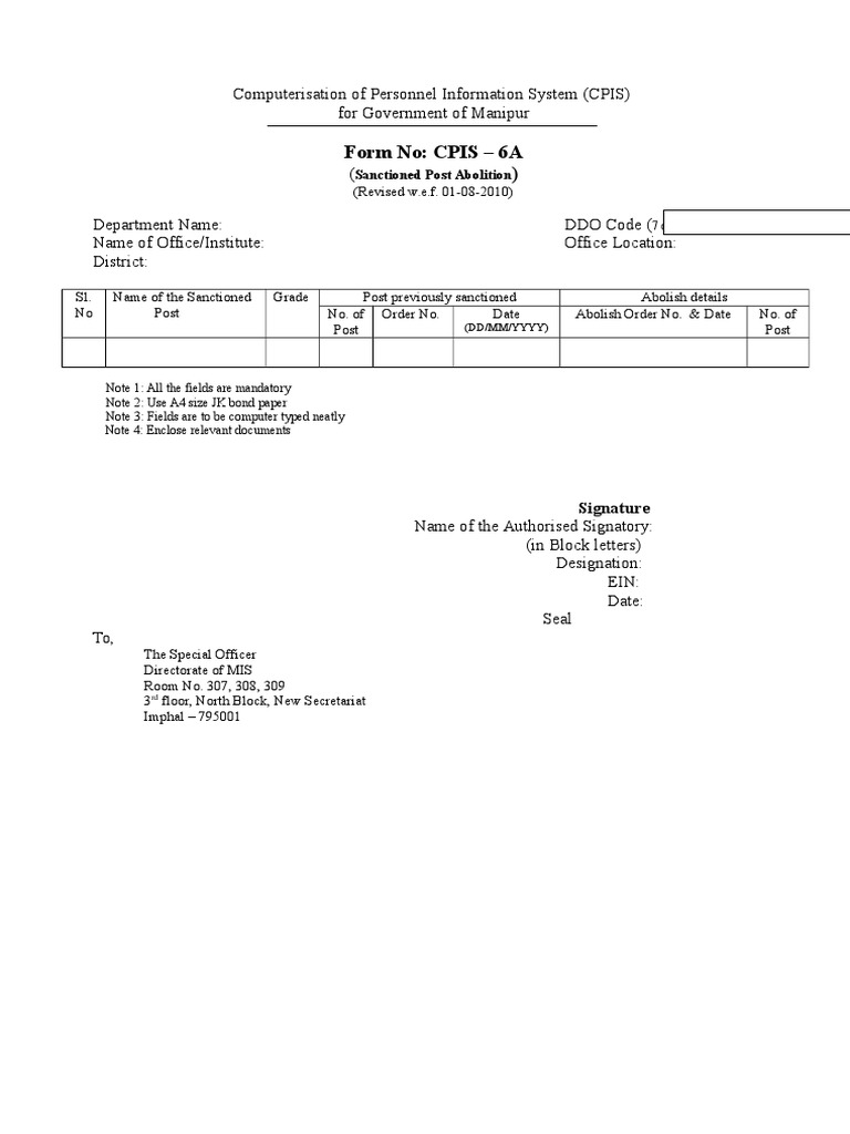 Form No: CPIS - 6A) : Sanctioned Post Abolition | PDF | Computers
