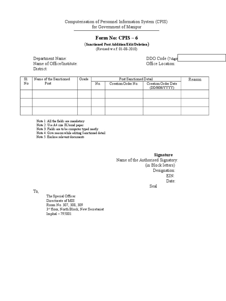 Manipur CPIS Form for Post Management | PDF