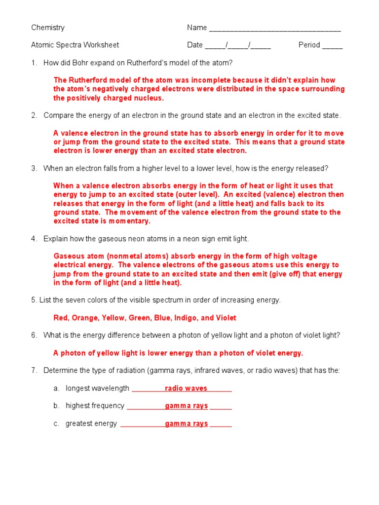 Atomic Spectra and Light Energy Worksheet | PDF | Electromagnetic ...