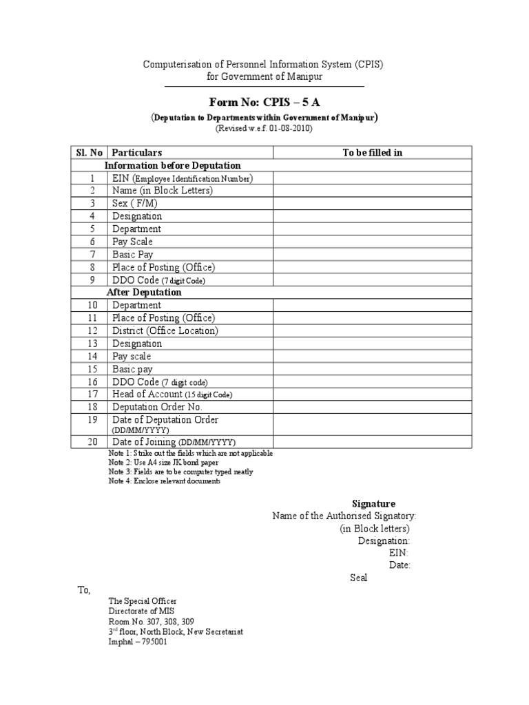 CPIS Form for Manipur Govt Employee Deputation Details | PDF