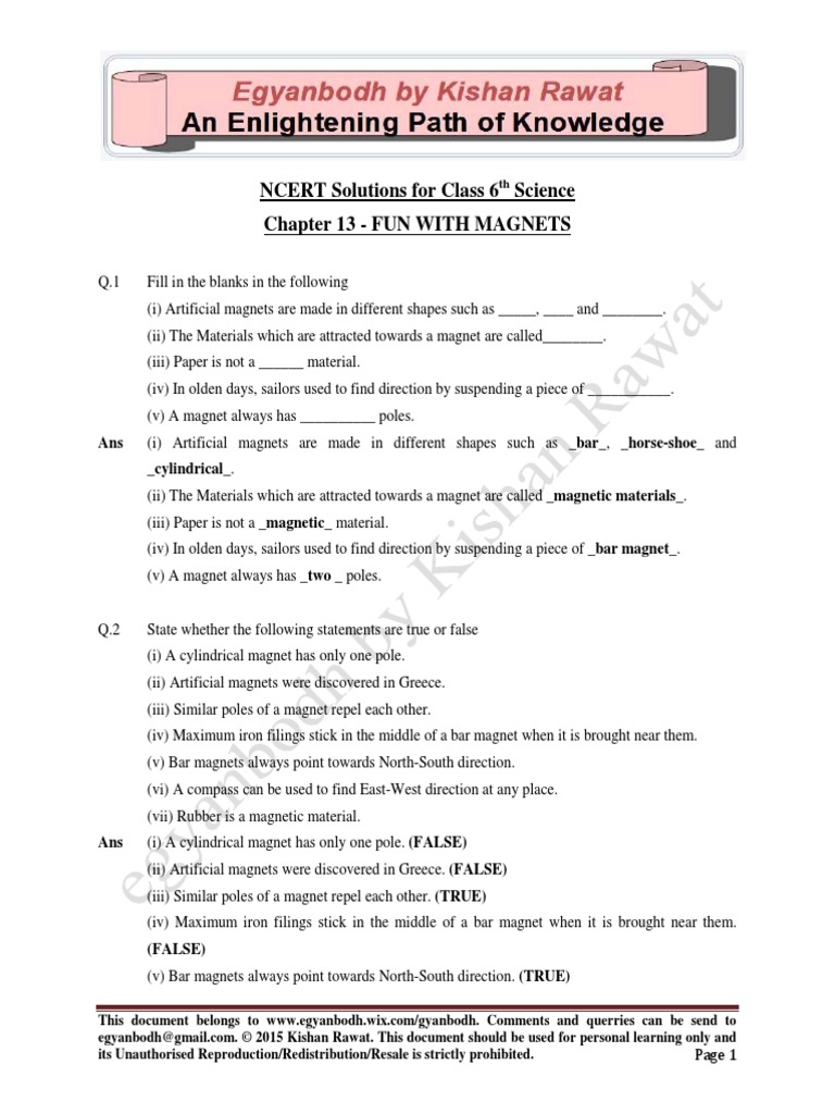 Class 6 - Chapter 13 - Fun With Magnets | PDF | Magnet | Compass